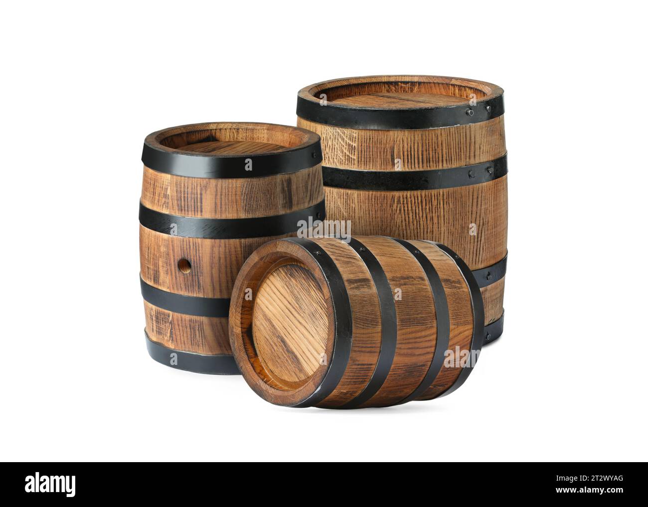 Set of many wooden barrels on white background Stock Photo - Alamy