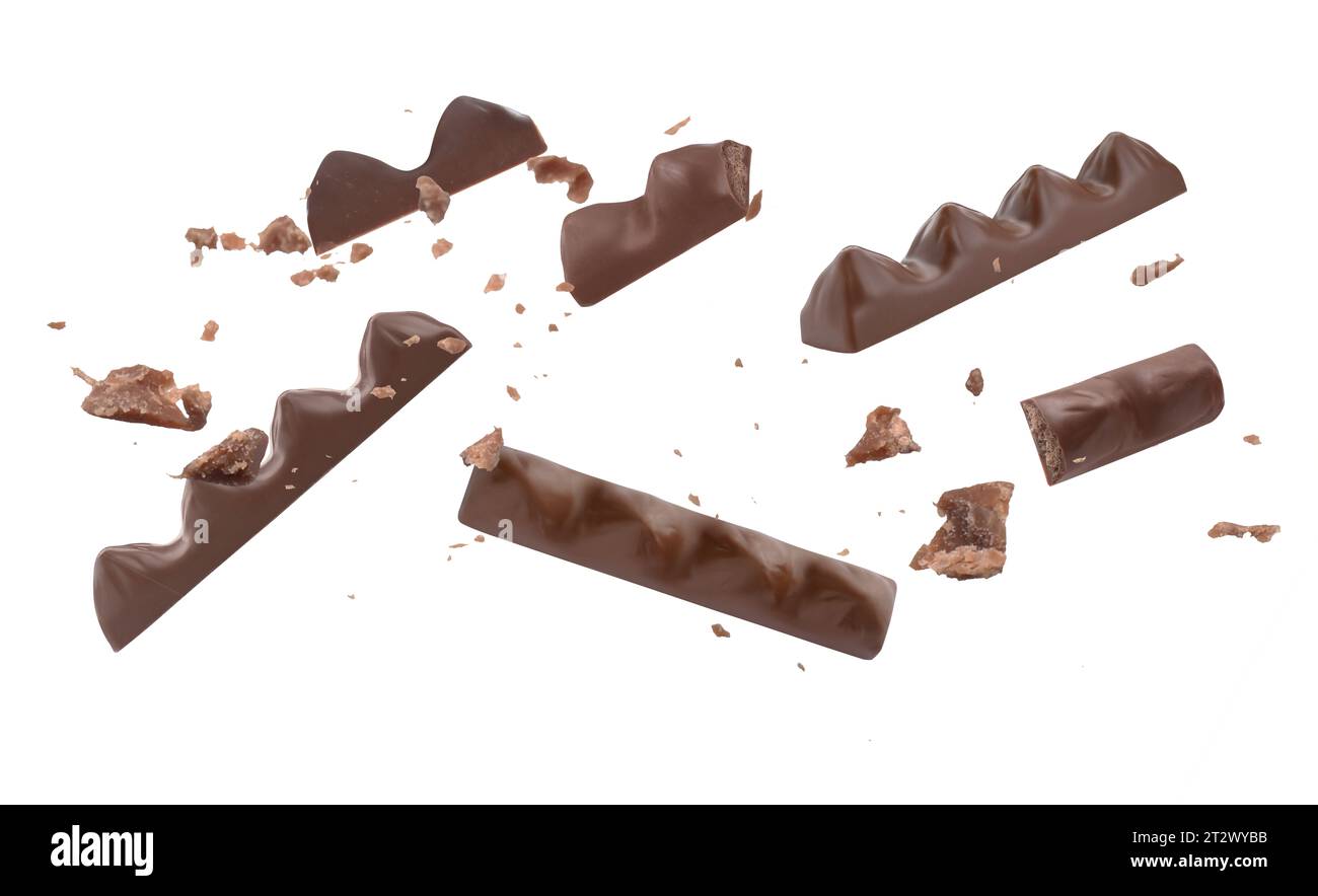 Tasty chocolate bars falling on white background Stock Photo - Alamy