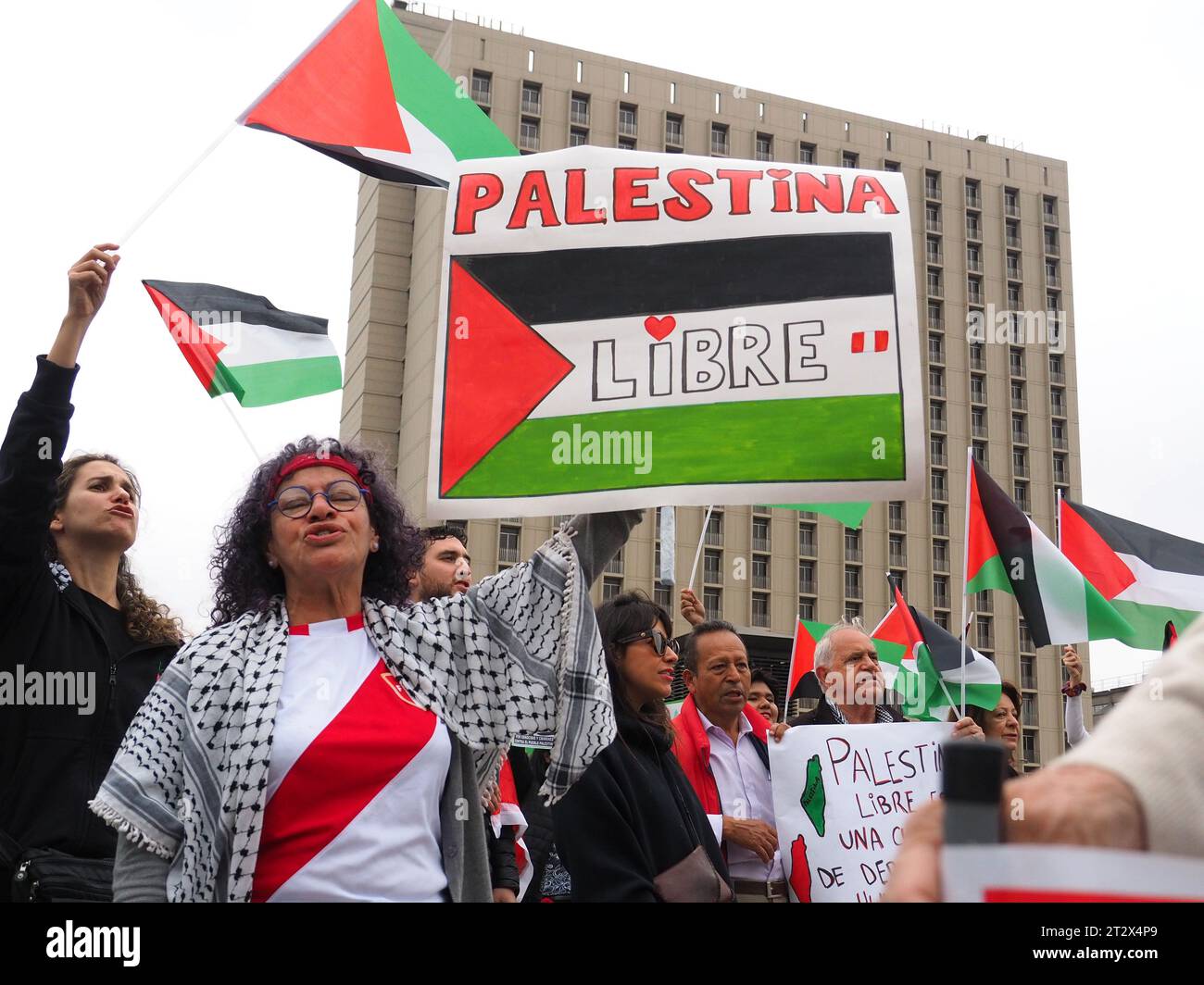 Lima, Peru. 21st Oct, 2023. "Free Palestine" can be read on a sign when ...