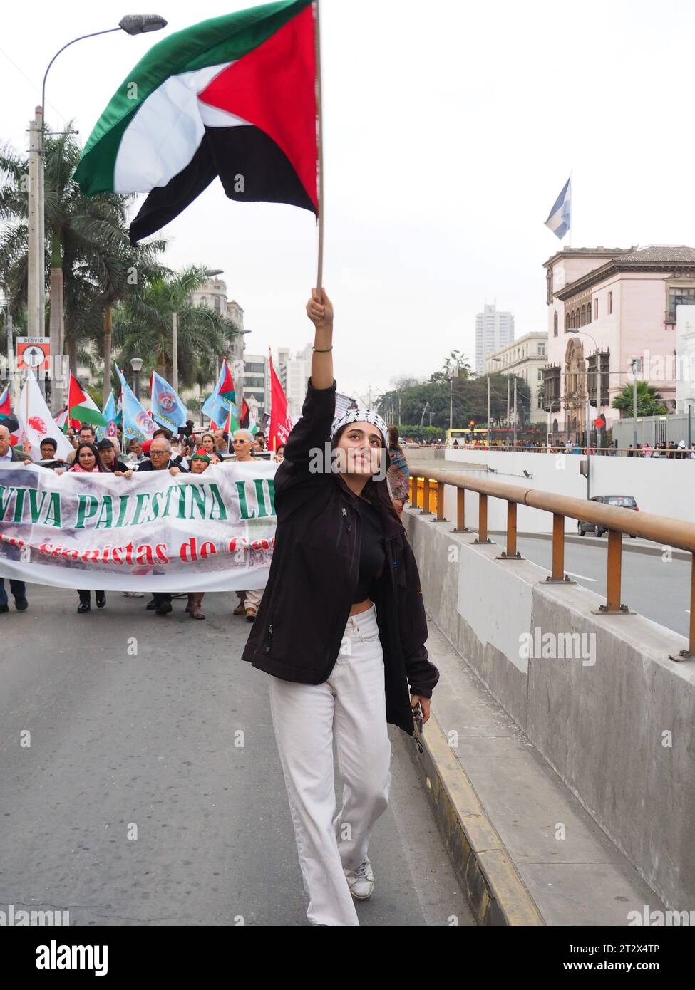 Lima, Peru. 21st Oct, 2023. Islamic women waving Palestinian flags when ...