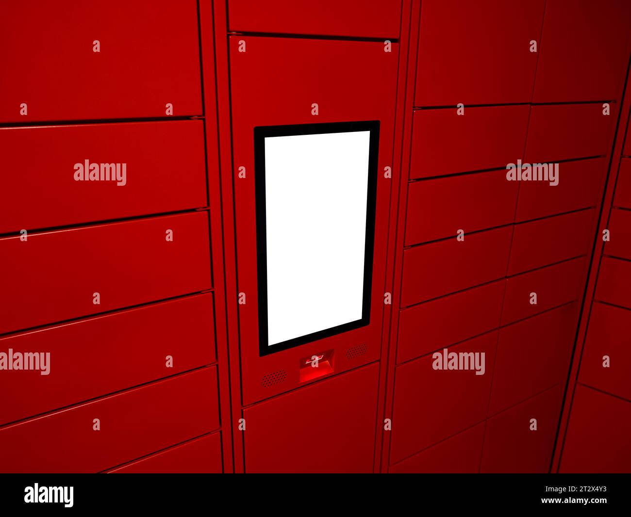 Empty white screen of a red parcel locker box. The display is blank to ...