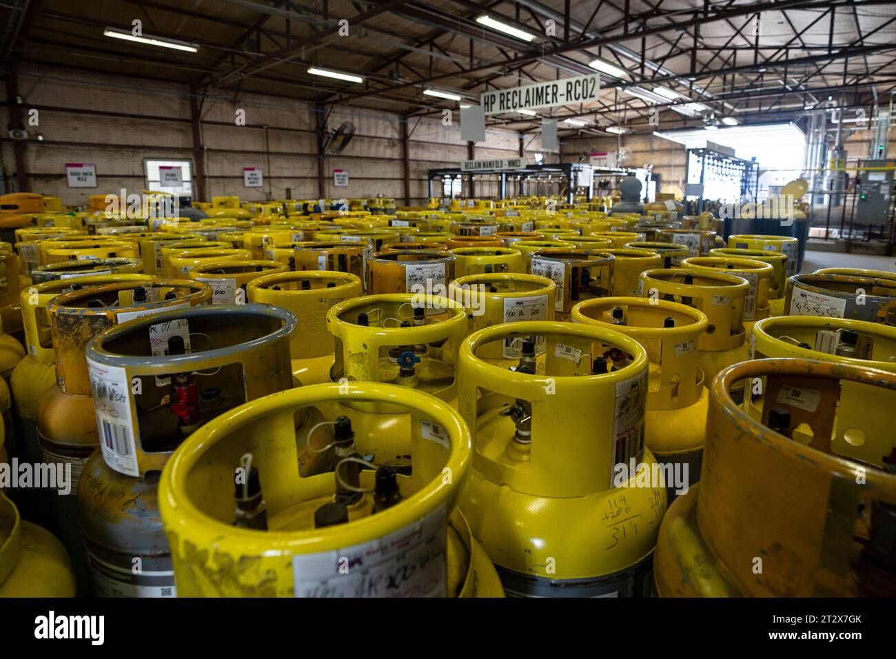 Used refrigerant cylinders are shown in a warehouse at the A-Gas Rhome ...