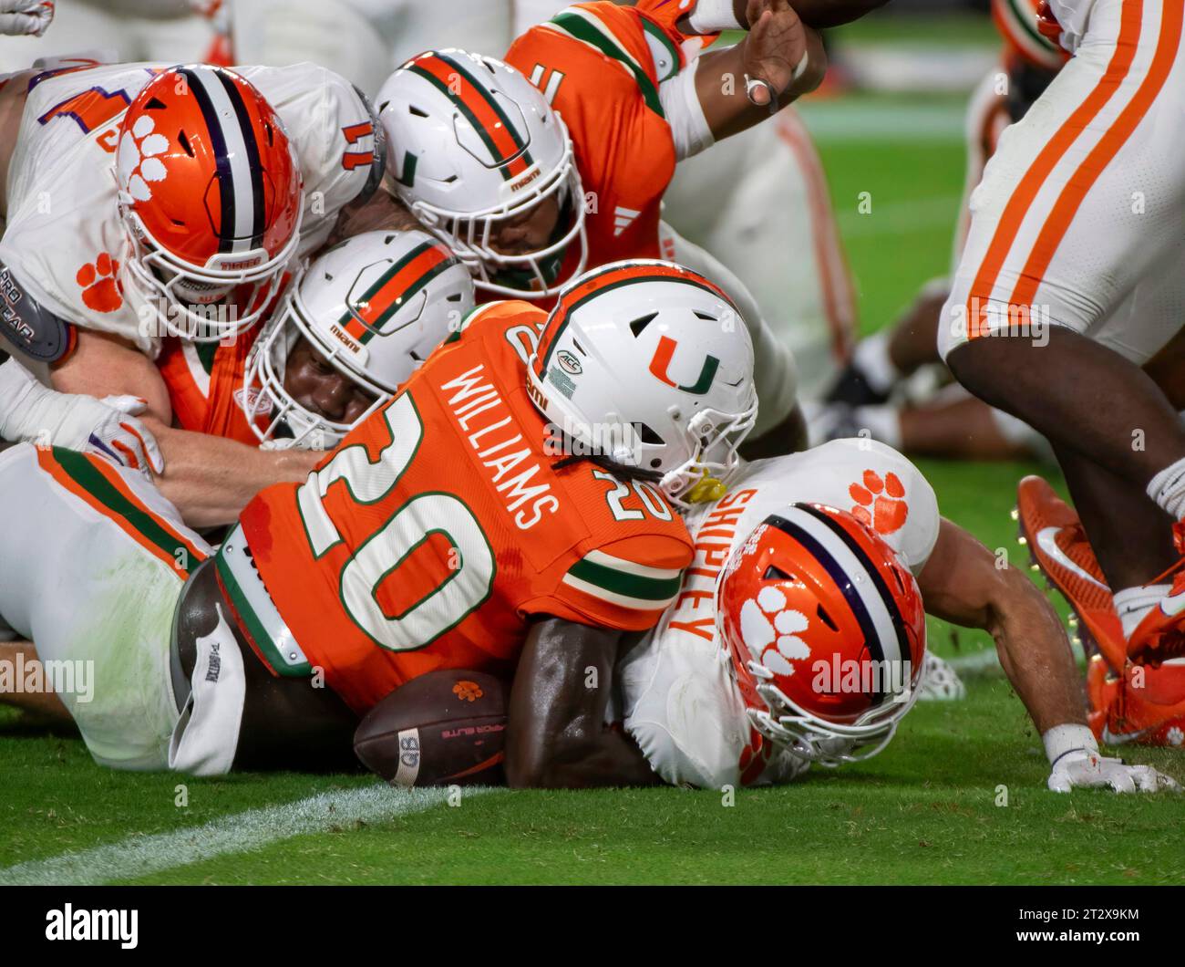MIAMI GARDENS, FL - OCTOBER 21: Miami safety James Williams (20) causes ...