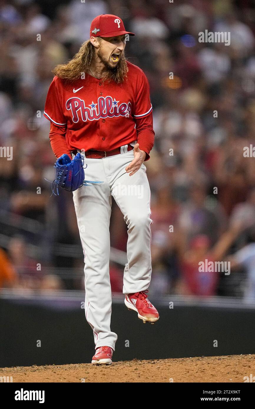 Philadelphia Phillies relief pitcher Matt Strahm celebrates their win ...