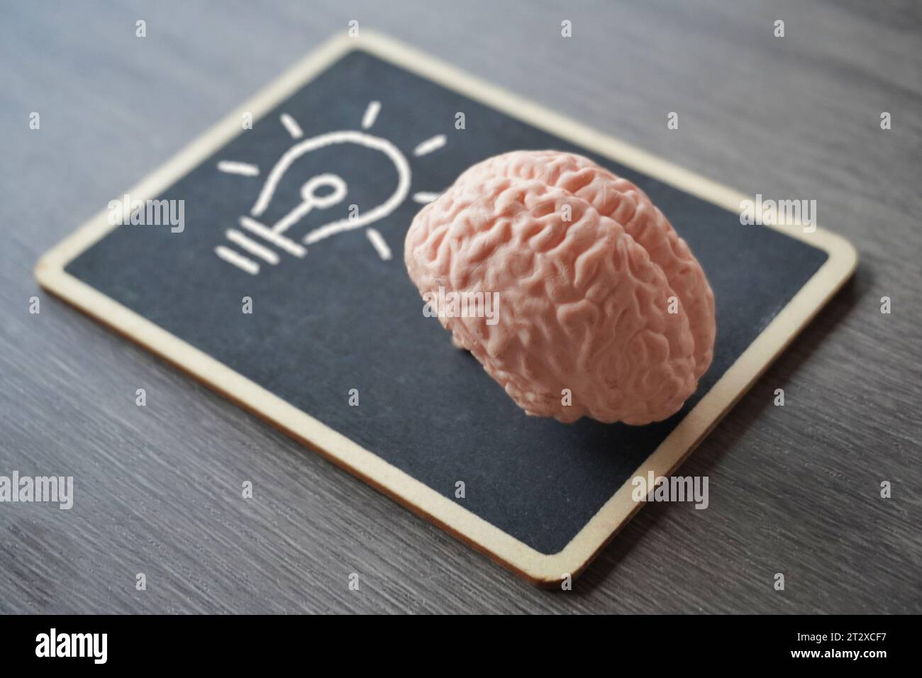 Human brain model on top of a blackboard with light bulb. Thinking and ...