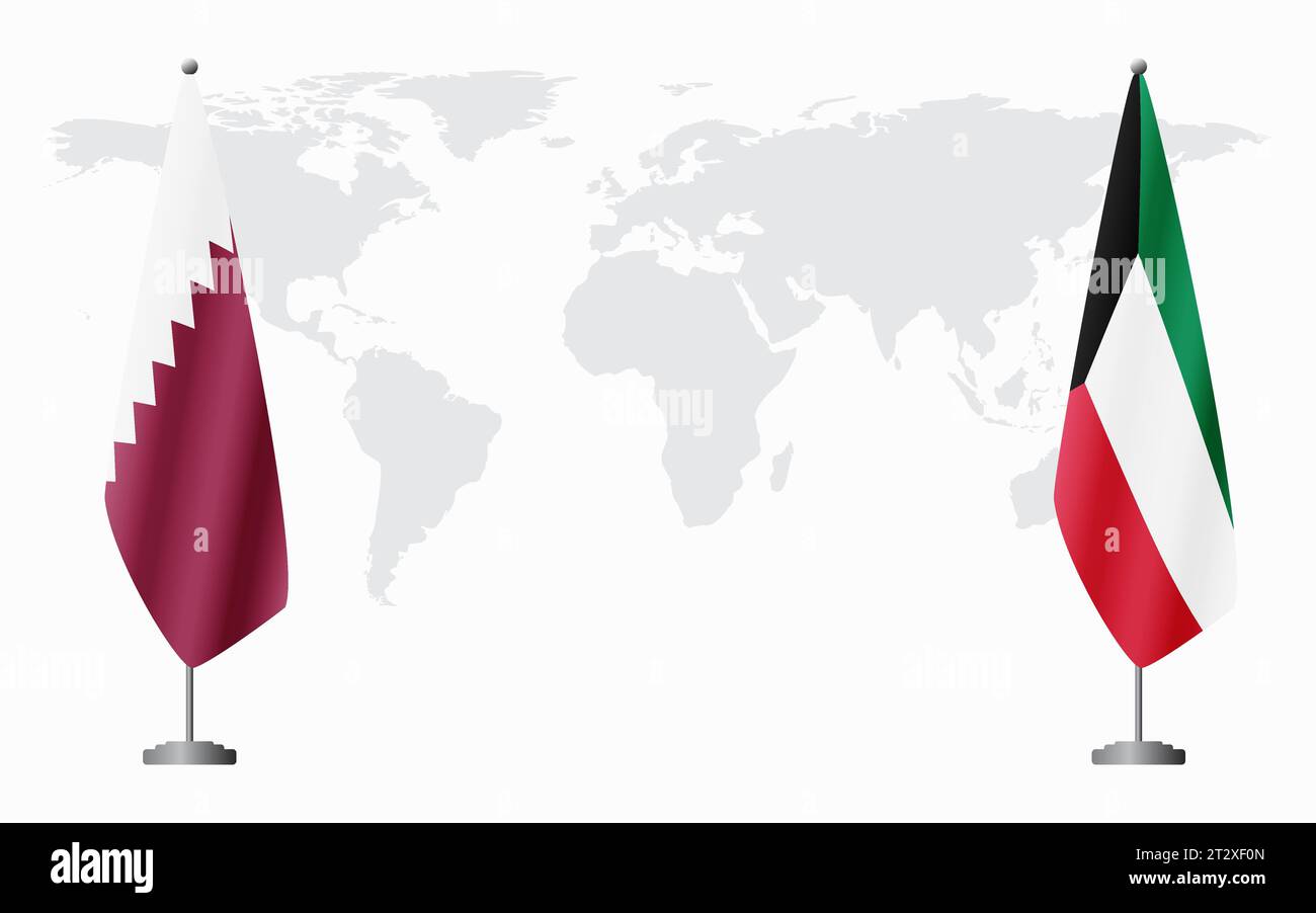 Qatar and Kuwait flags for official meeting against background of world ...