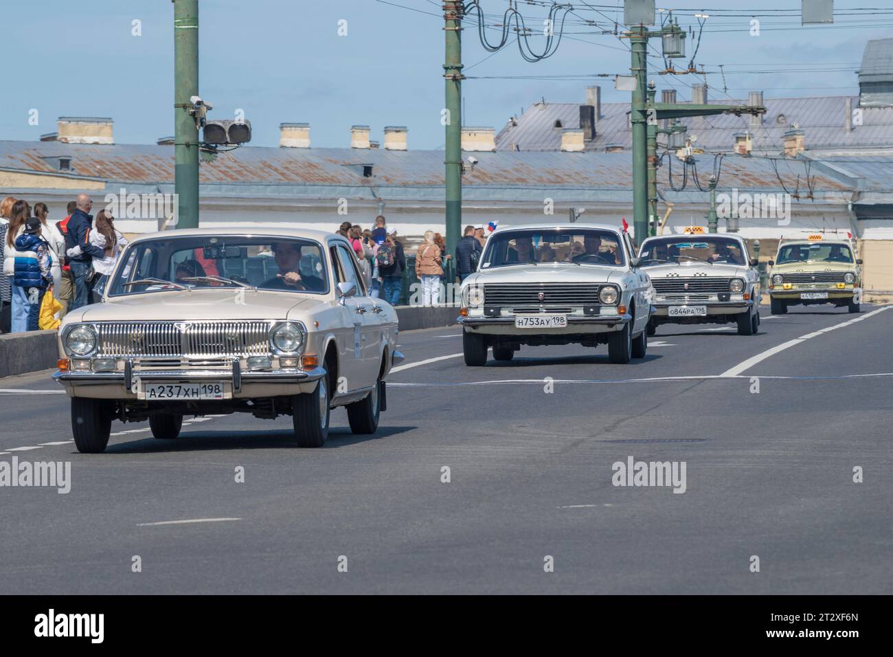 SAINT PETERSBURG, RUSSIA - MAY 20, 2023: Soviet cars GAZ-24 and GAZ ...
