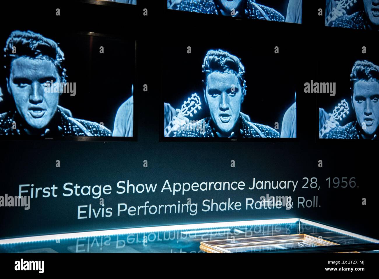 Photos of Elvis Presley of his first performance in 1969, displayed at the Direct from Graceland ...