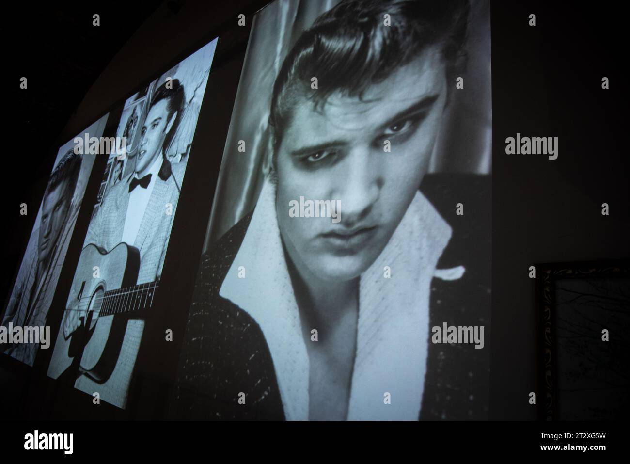 Large photographs of Elvis Presley performing, displayed at the Direct ...