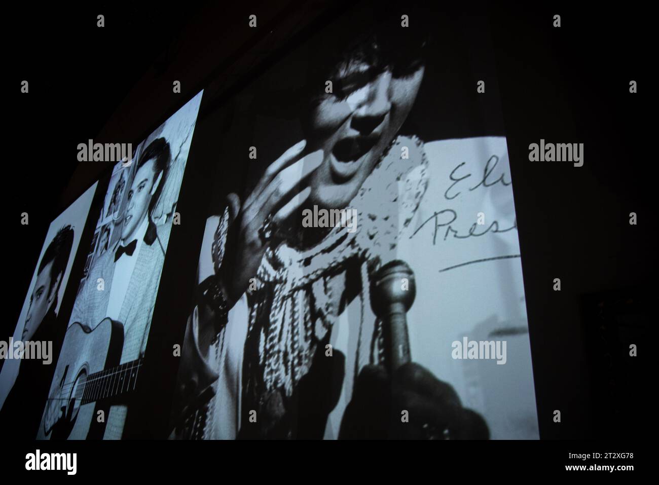 Large photographs of Elvis Presley performing, displayed at the Direct ...
