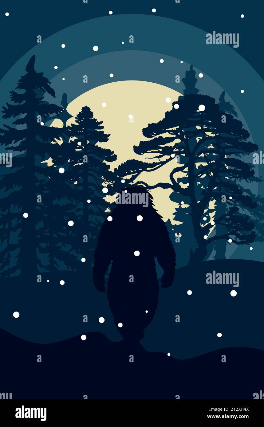 Abstract detailed walking yeti silhouette and trees illustration Stock ...