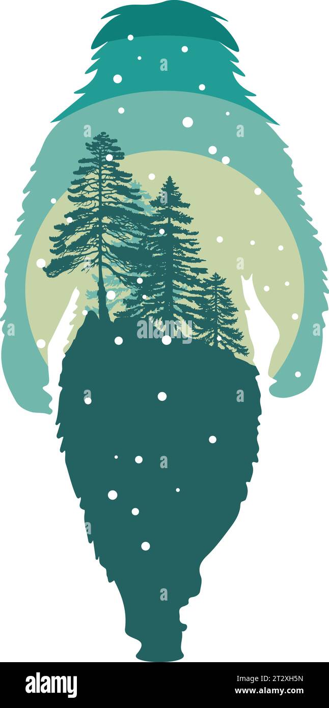 Abstract detailed walking yeti silhouette and trees illustration Stock ...