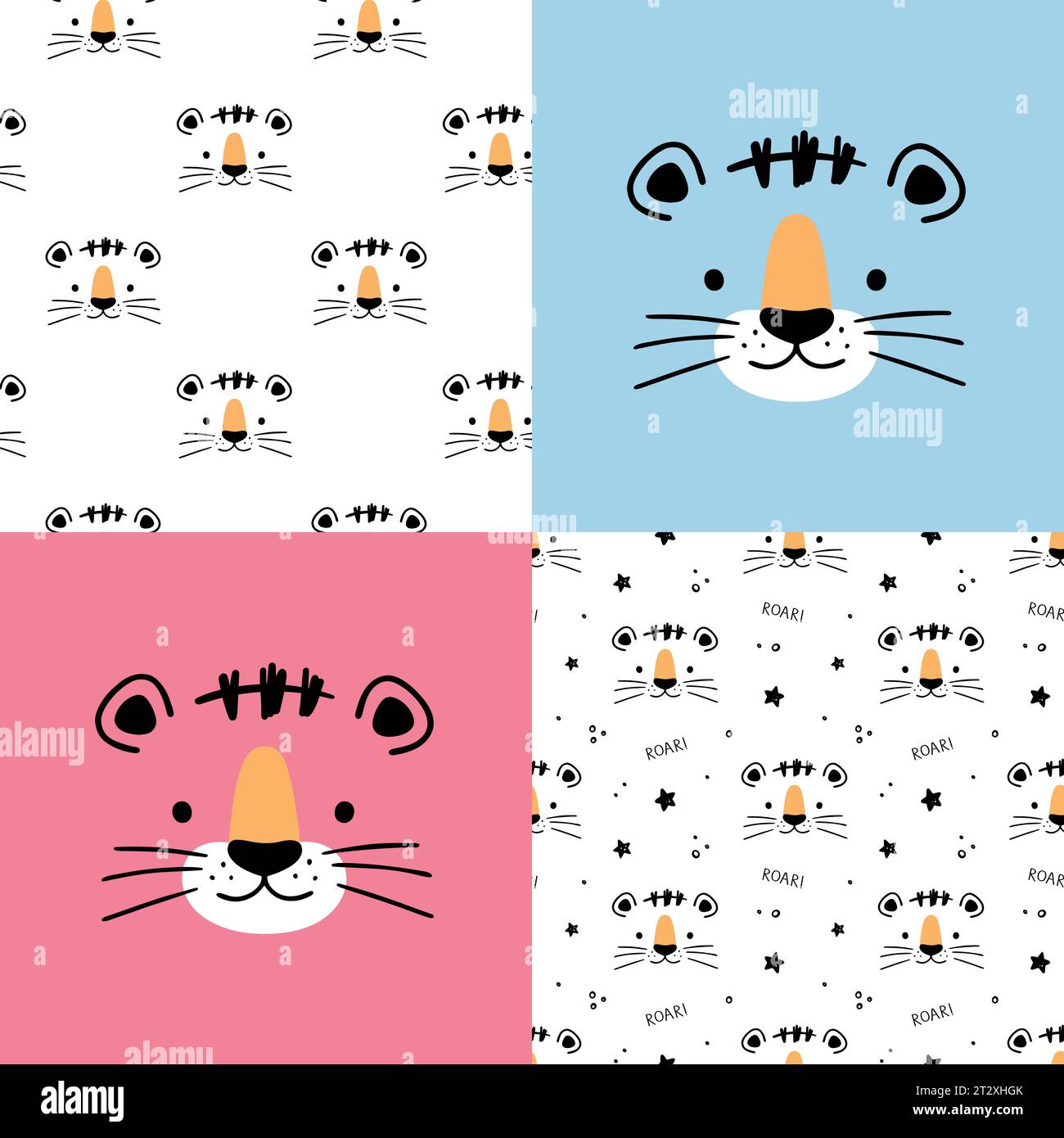 Set of Cute Little Tiger patterns. Hand drawn Little Tiger in doodle ...