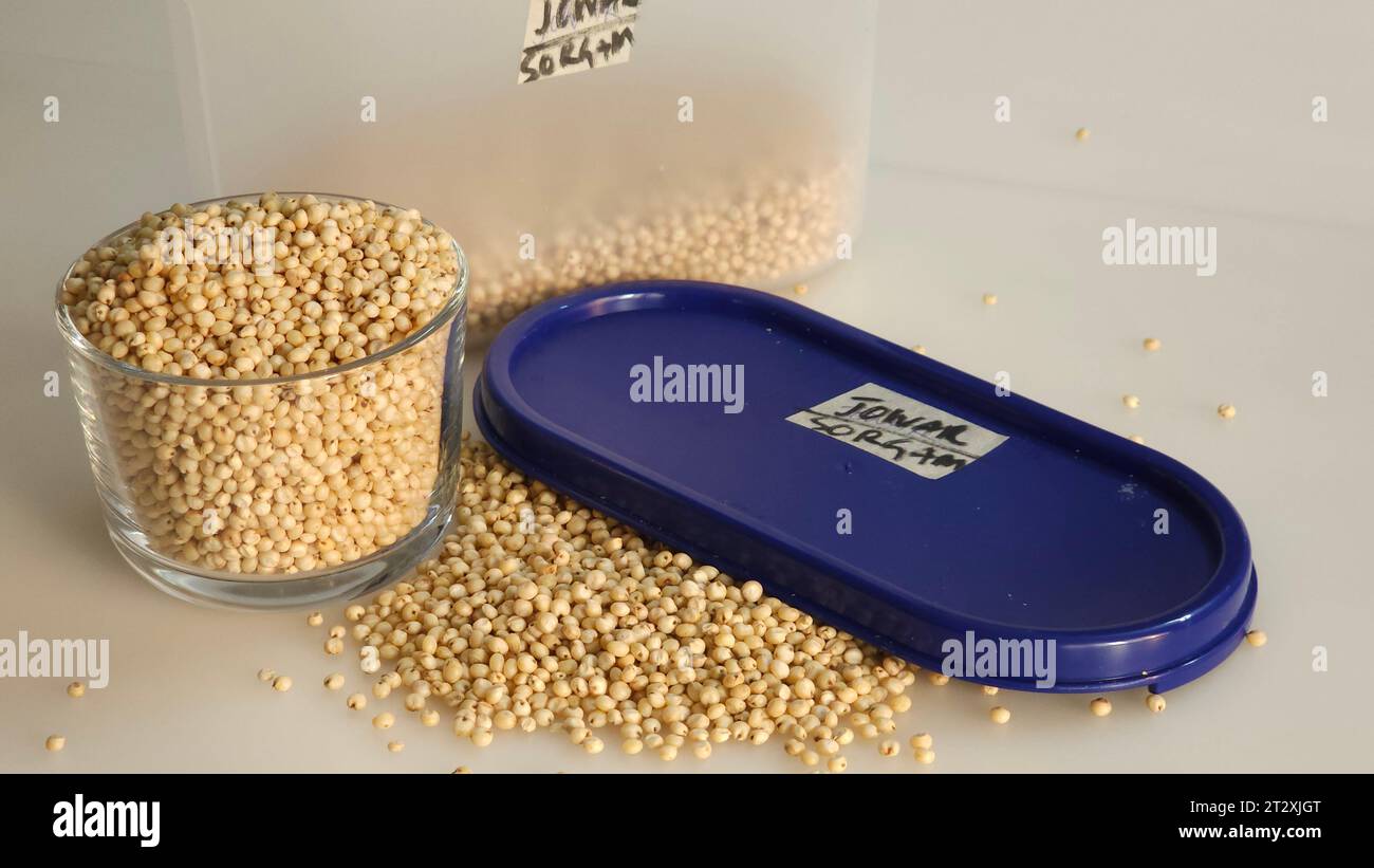 Closeup of sorghum millet grains kept in a storage container and glass ...