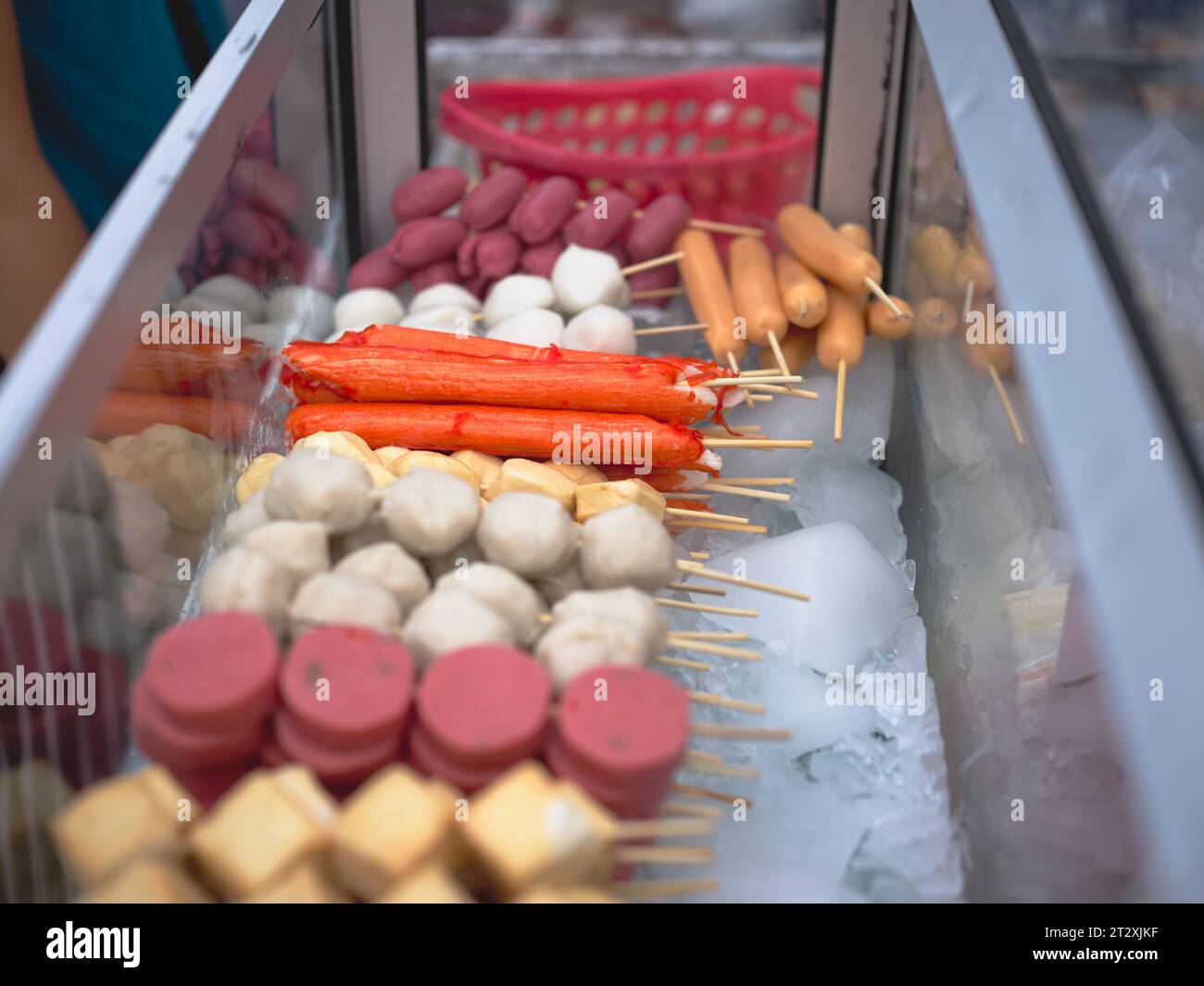 Meat and fish ball ,sausage wood stick at Street market , Thai Street ...