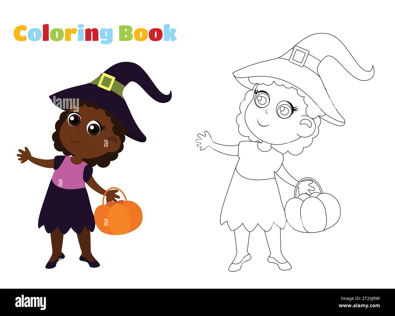 Coloring page. A witch in a hat and costume with a basket in her hands ...