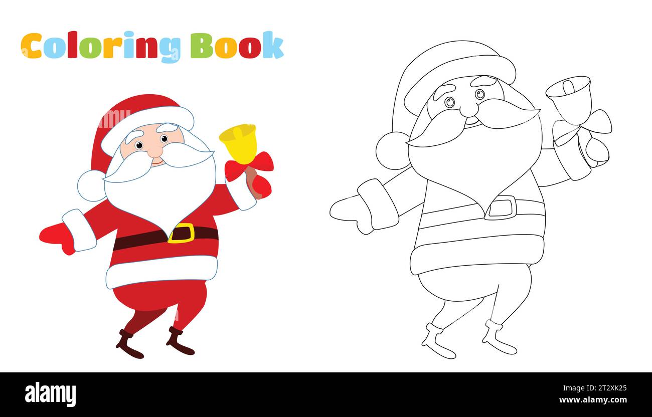 Coloring page.Santa Claus is running or dancing with a bell in his ...