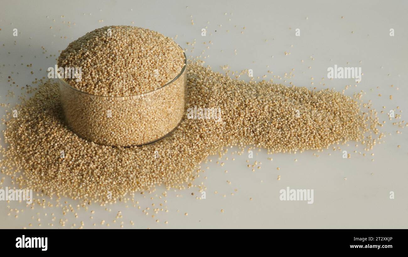 Closeup of banyard millet, a healthy grain, in a glass bowl filled to ...