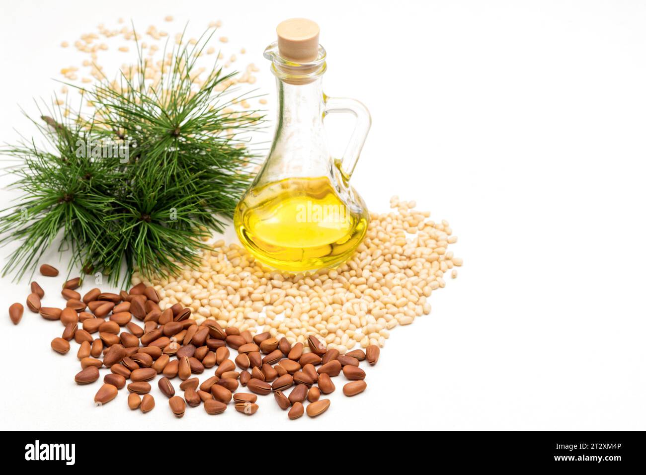 Unshelled cedar nuts. Pine nut kernels, bottle of oil and green pine ...