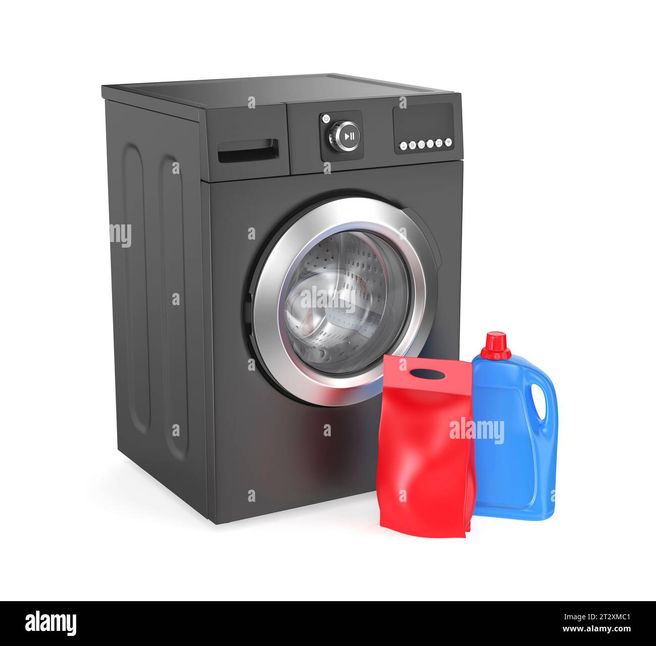 Red washing powder bag and blue liquid detergent bottle in front of ...