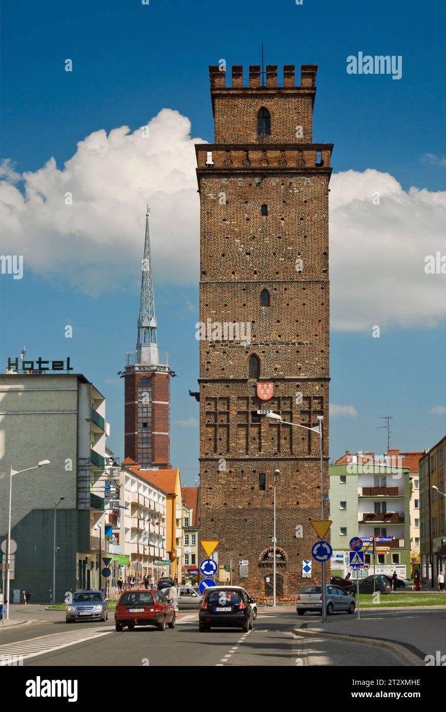 Ziebice Tower and new Town Hall tower in Nysa, Opolskie, Poland Stock ...