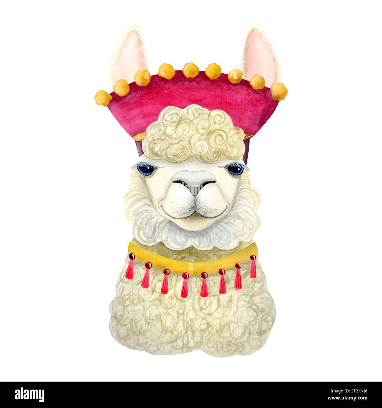 Watercolor cute alpaca lama with traditional Peru decorations and ...
