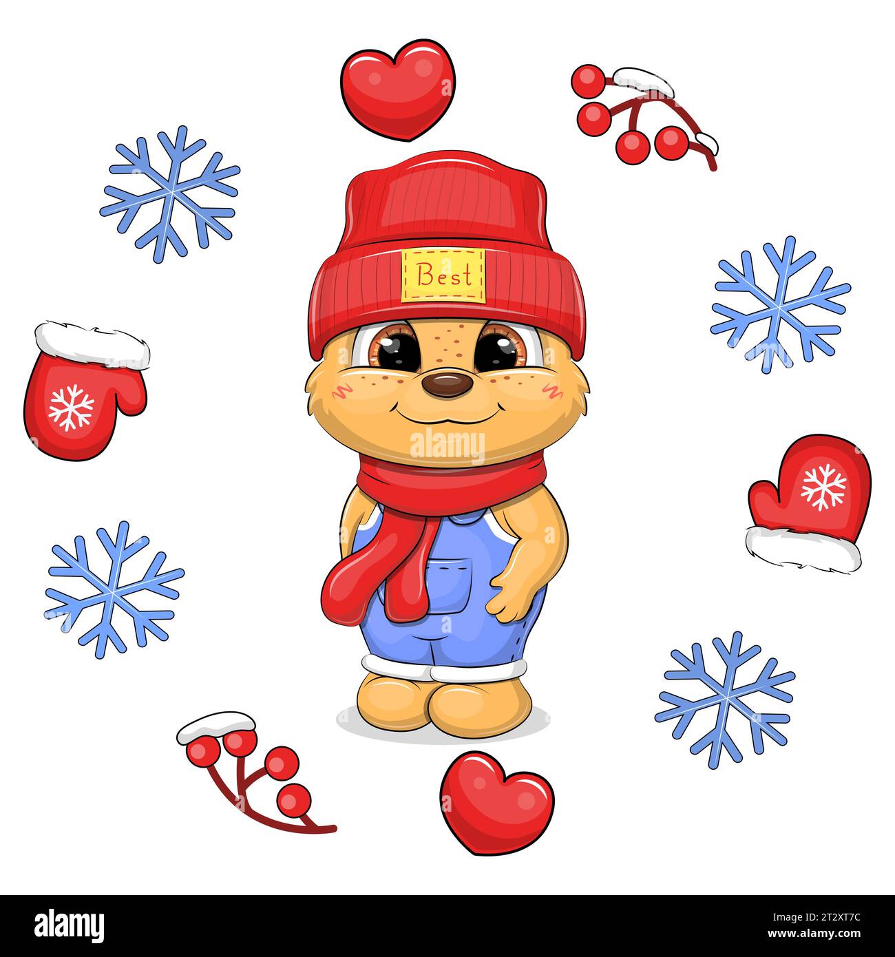 Cute cartoon bear with a red scarf and hat in a winter frame. Vector ...