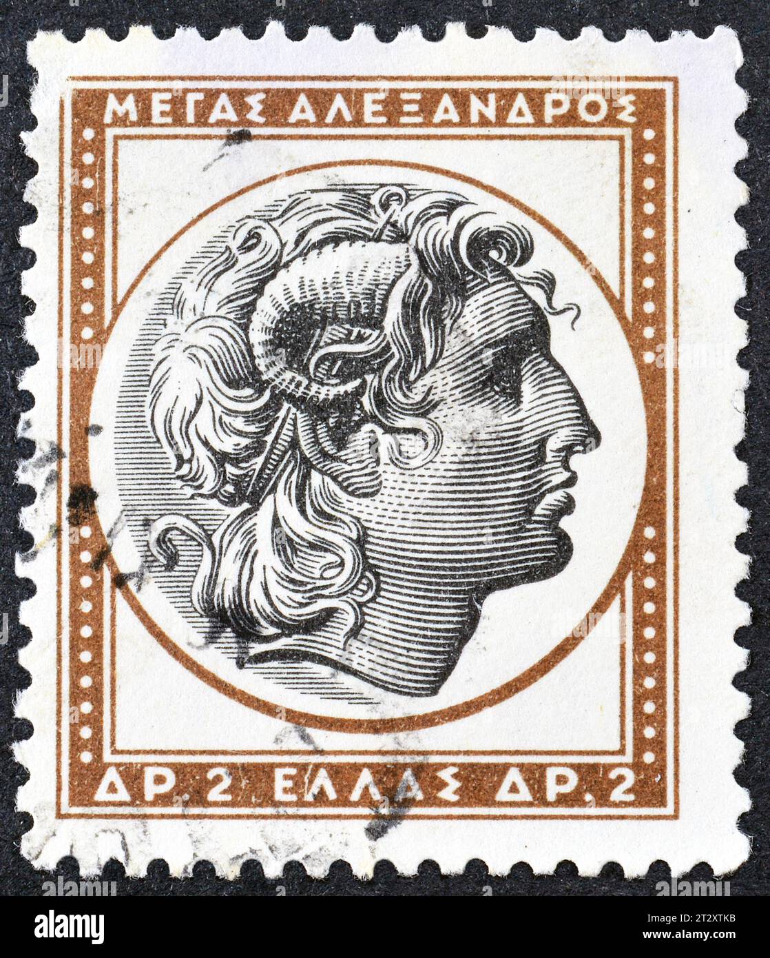 Cancelled postage stamp printed by Greece, that shows Head of Alexander ...