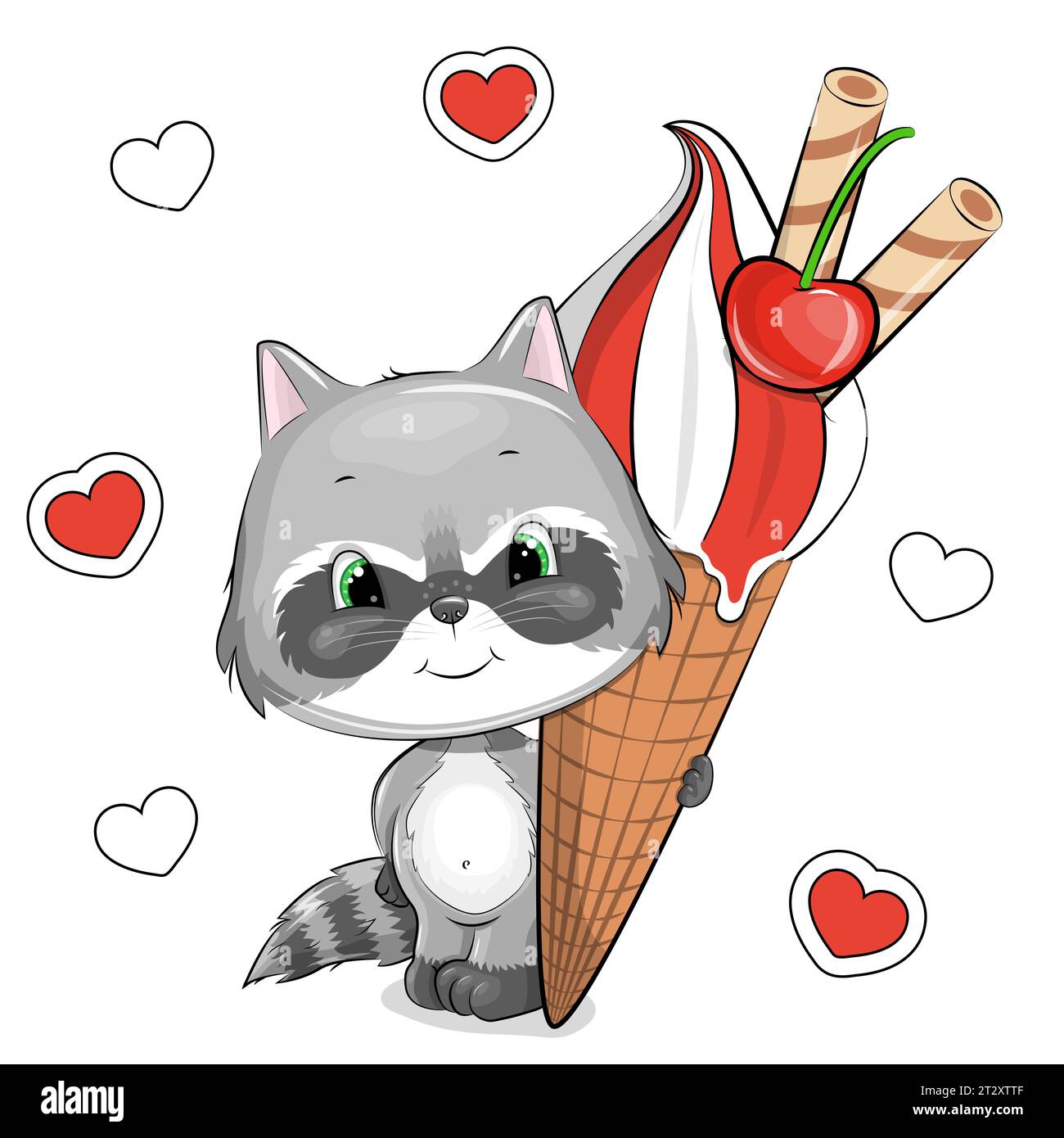 Cute cartoon gray raccoon holds a big ice cream. Summer animal vector ...
