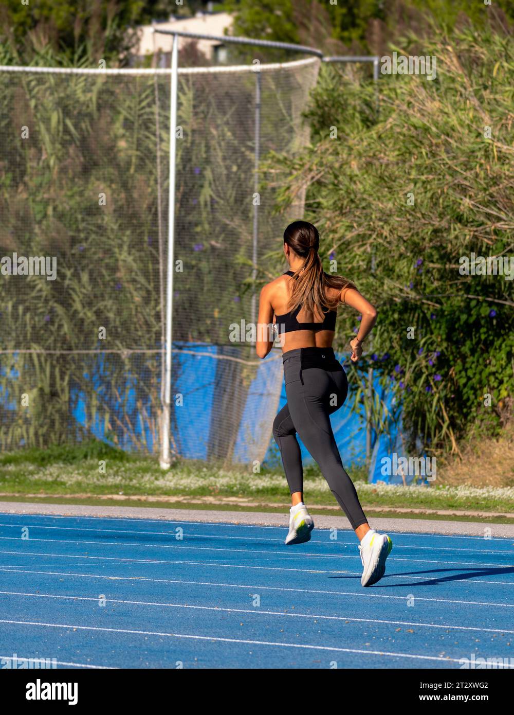 Beautiful young slim tanned runner girl, dressed in tight sportswear ...