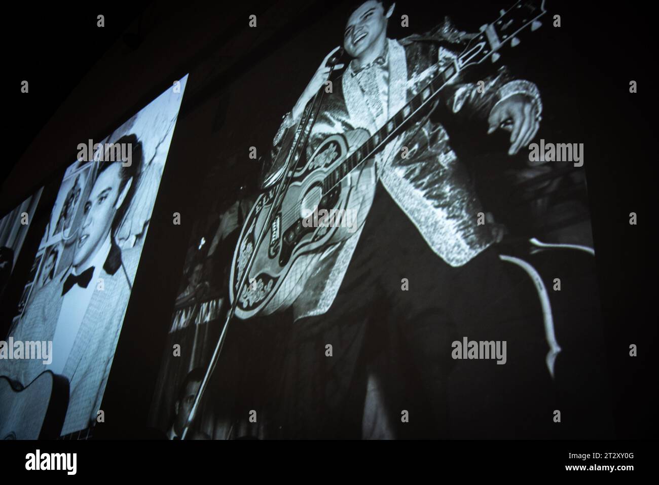 Large photographs of Elvis Presley performing, displayed at the Direct ...