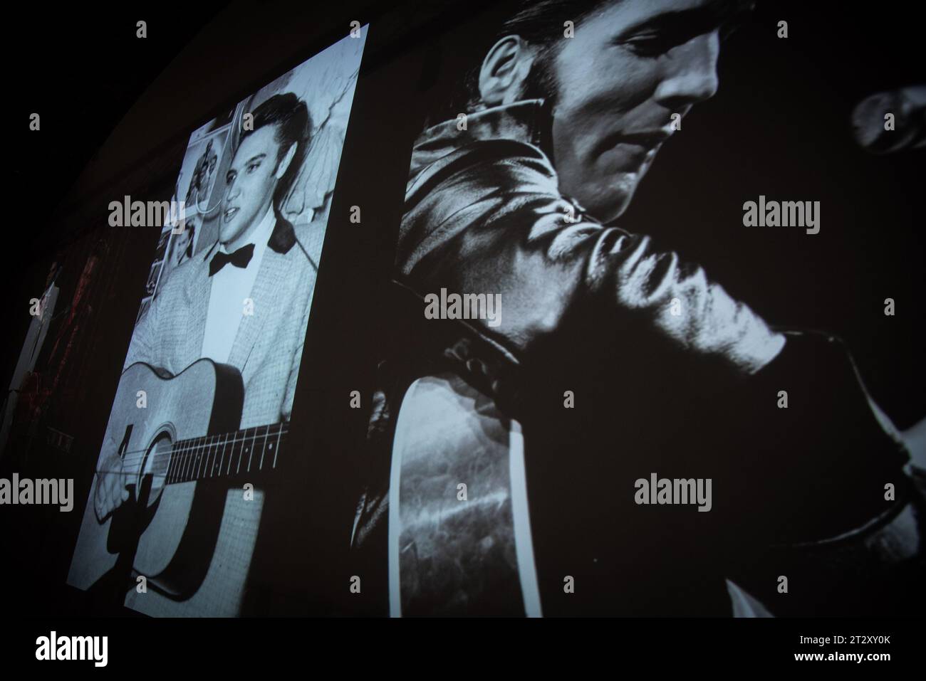 Large photographs of Elvis Presley performing, displayed at the Direct ...
