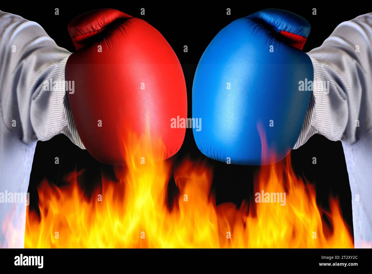 red and blue boxing gloves matching over a fire Stock Photo - Alamy