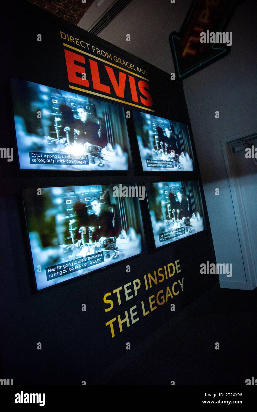 Advertisement board at the Direct from Graceland: Elvis exhibition which is held at the Arches ...