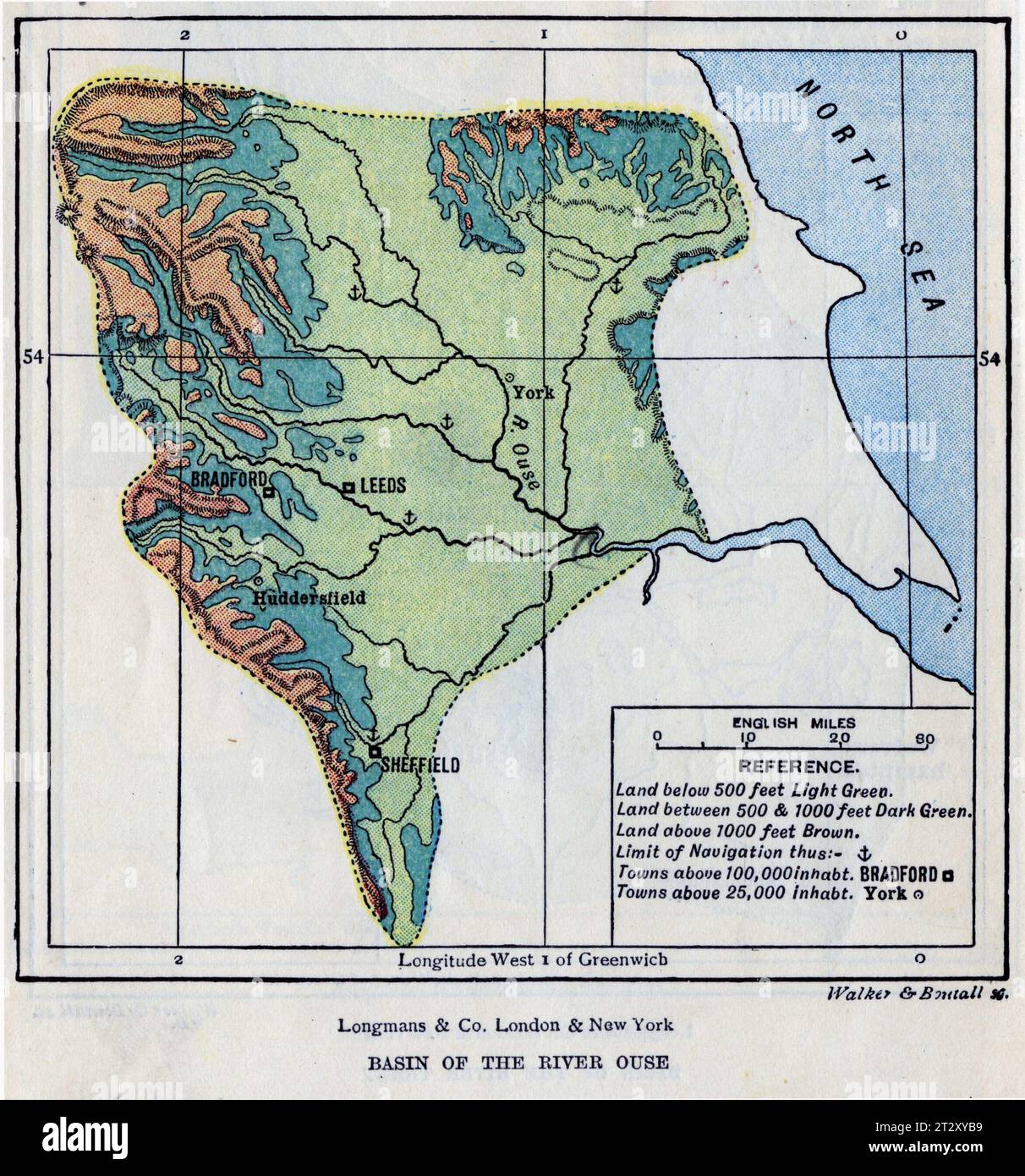 map of the River Ouse in York circa 1910 from a school geography text ...