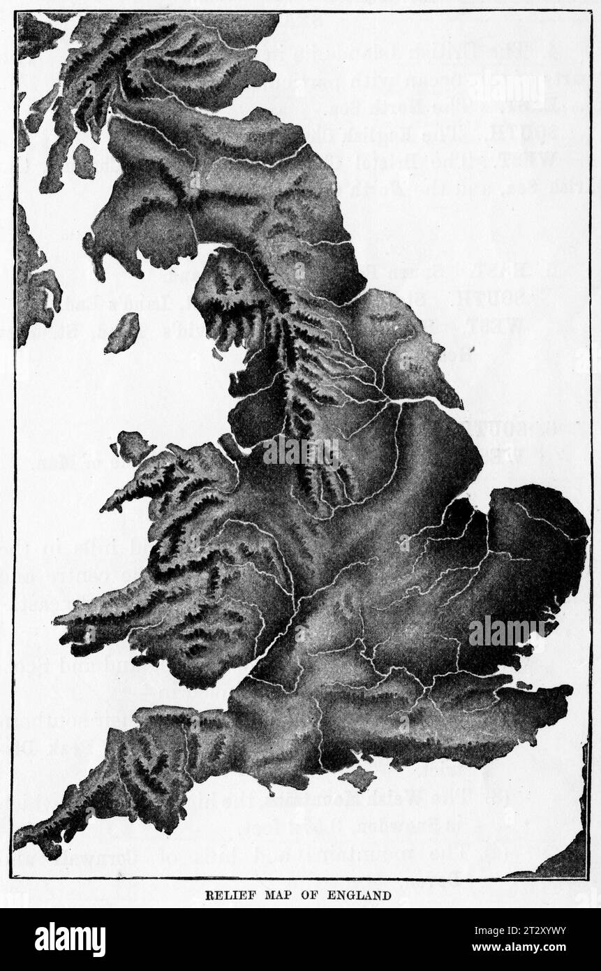 relief map of England circa 1910 from a school geography text book ...