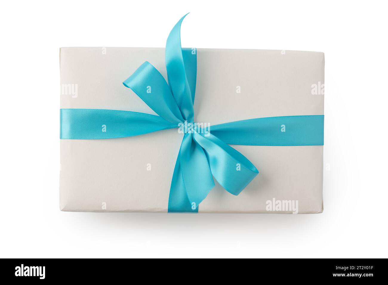 Top view of gift box with blue ribbon bow isolated on white background ...