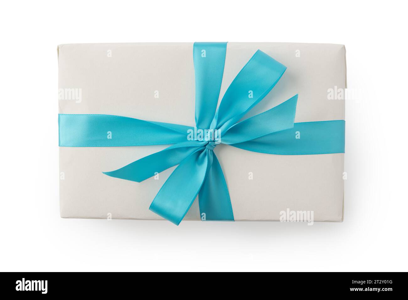 Top view of gift box with blue ribbon bow isolated on white background ...