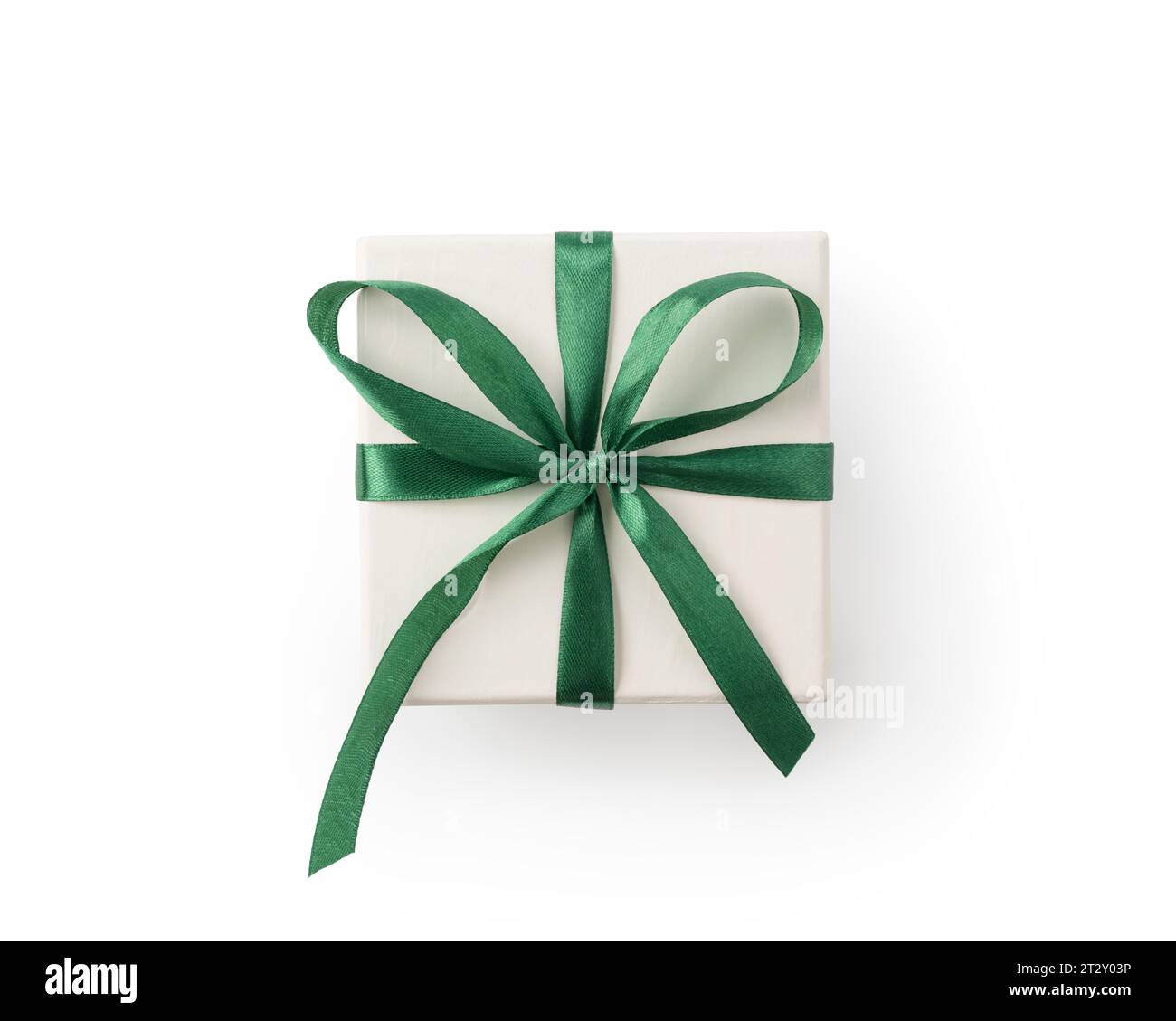 Top view of gift box with green ribbon bow isolated on white background ...