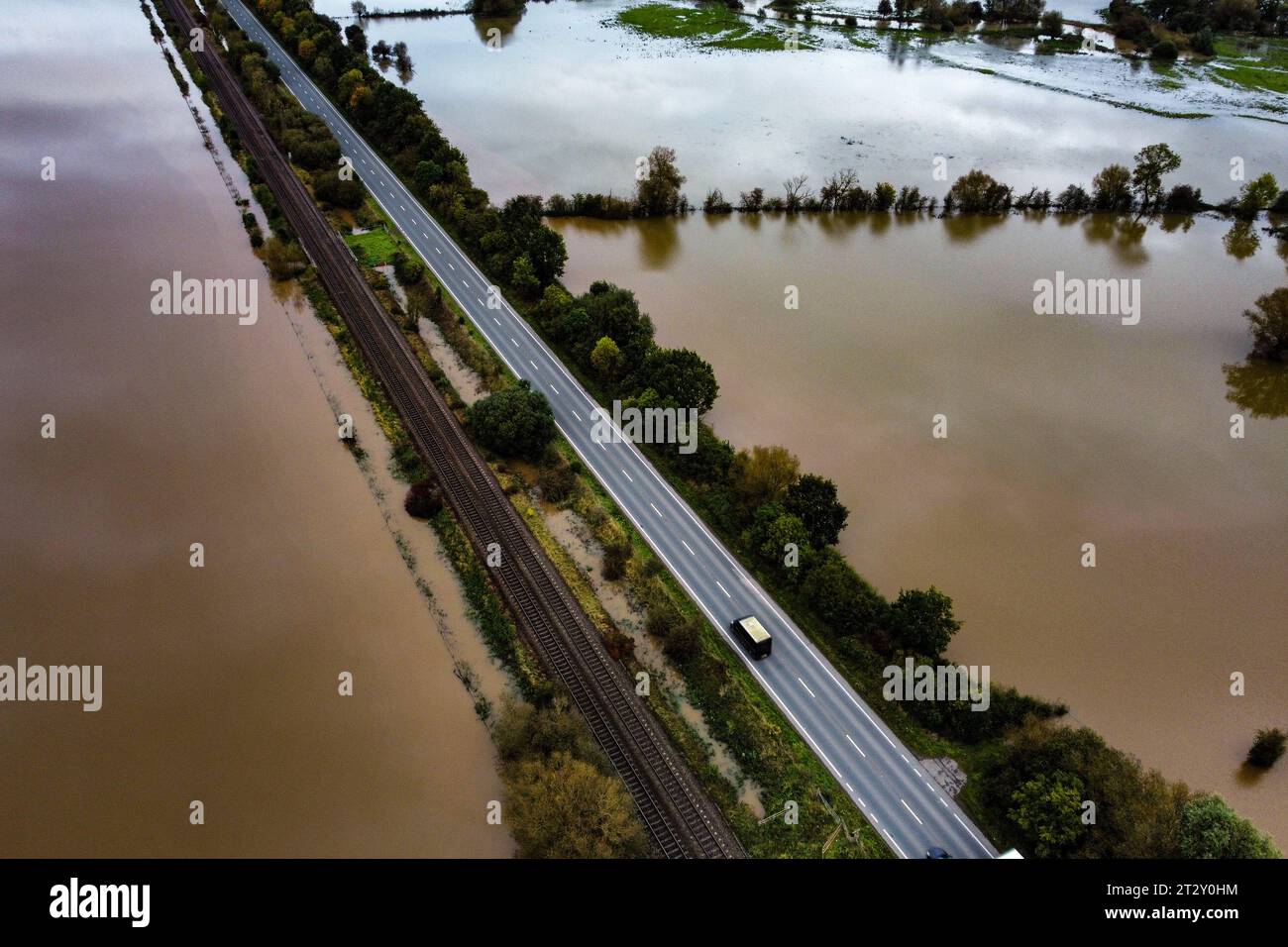 Flooded fields around the River Lugg near Leominster, after Storm Babet ...