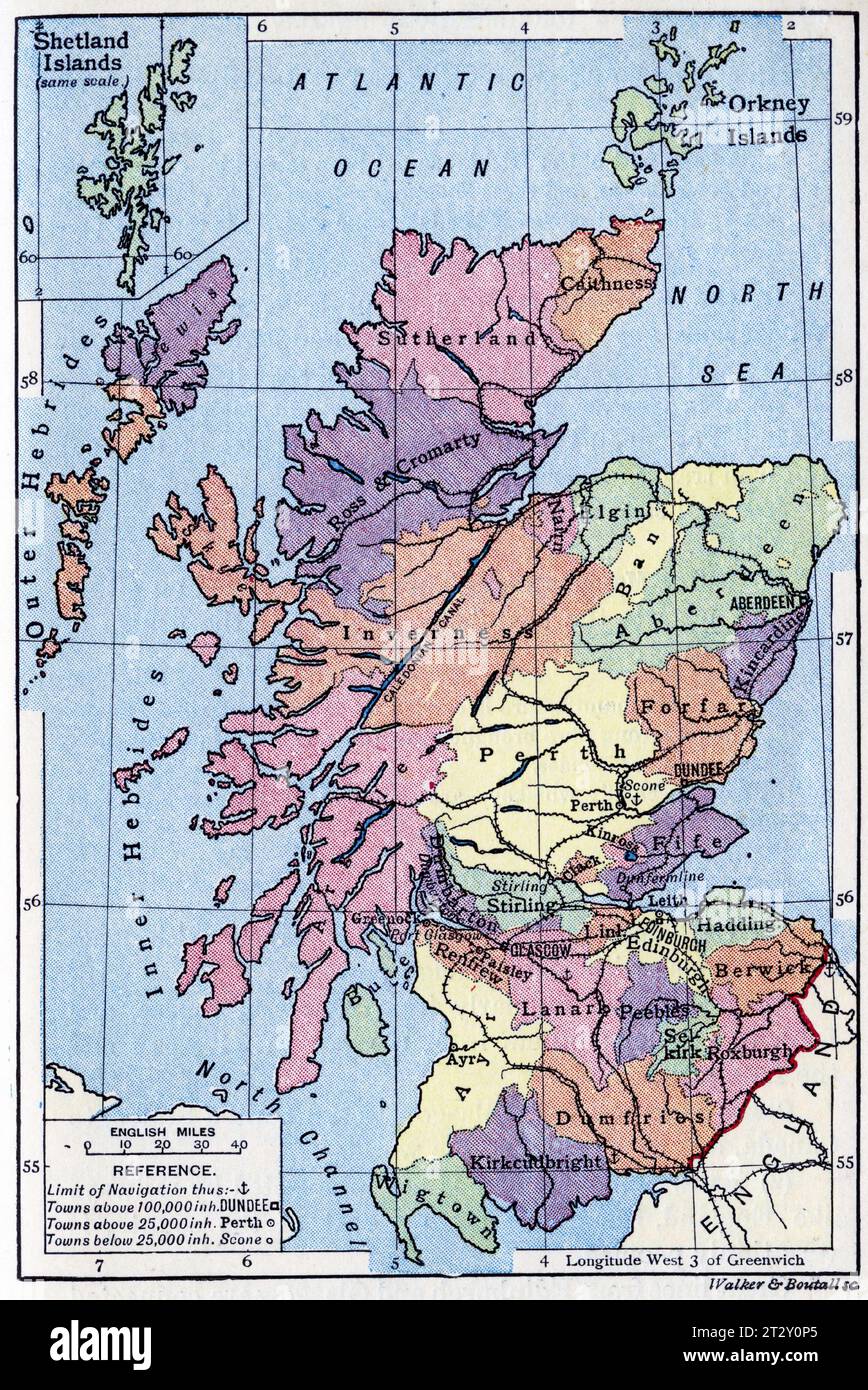 Political map of Scotland and the Shetland Islands circa 1910 from a ...