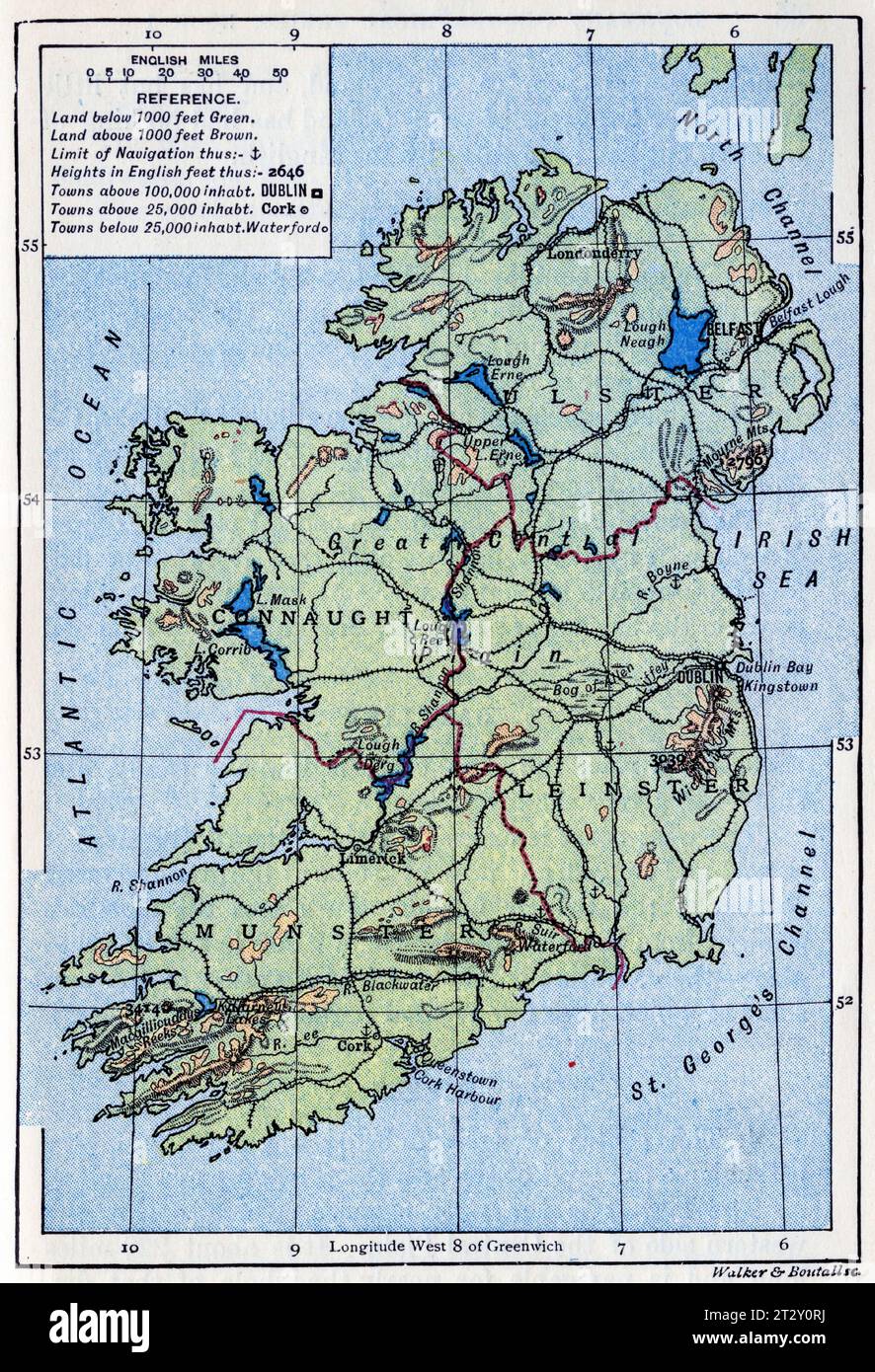 map of Ireland circa 1910 from a school geography text book Stock Photo ...