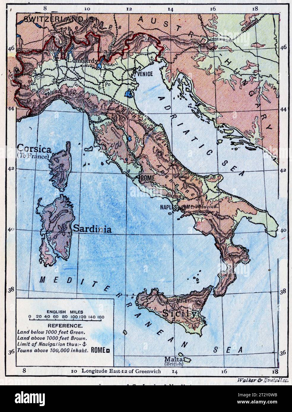map of Italy in Europe circa 1910 from a school geography text book ...