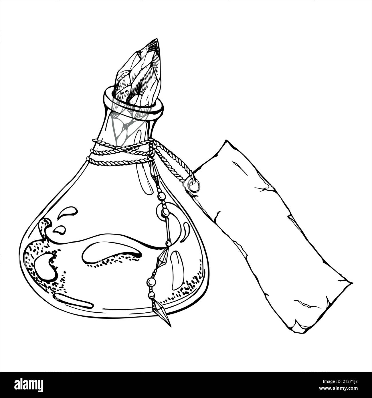 Hand drawn ink vector vial bottle for potion, paper tag. Sketch ...