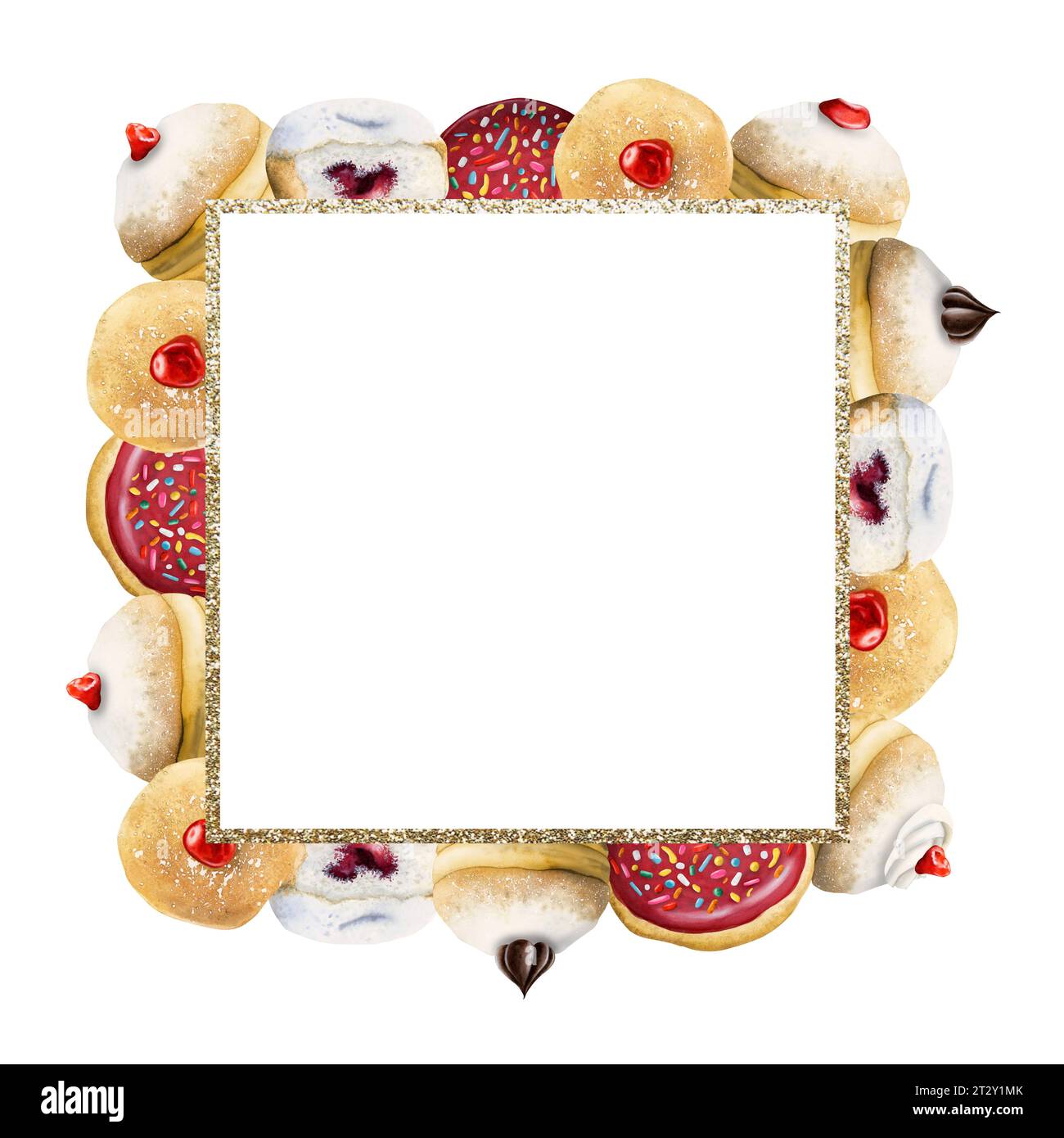 Sweet donuts square frame watercolor illustration isolated on white for ...