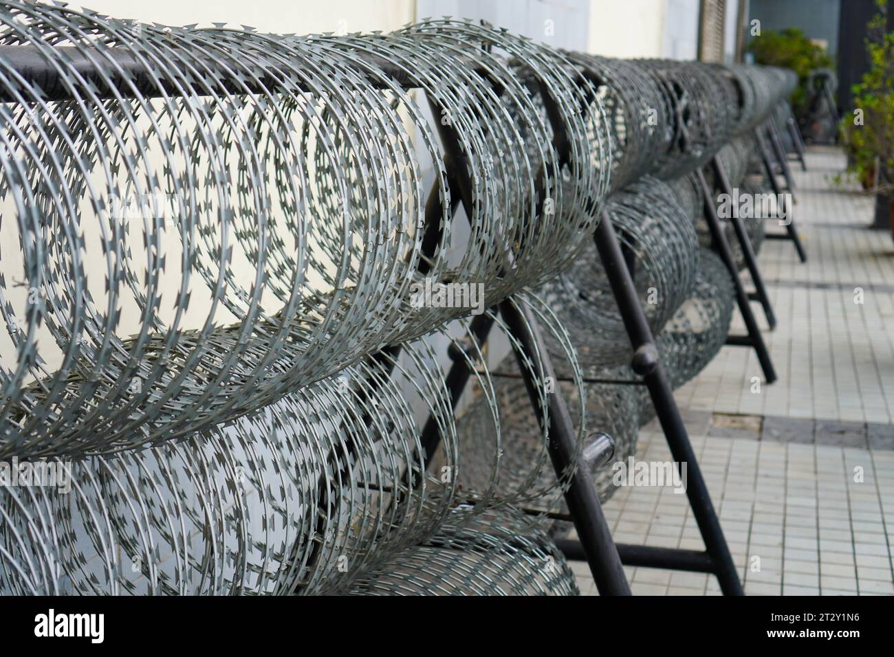 a row of barbed wire fences lined up at a location, serving as security ...