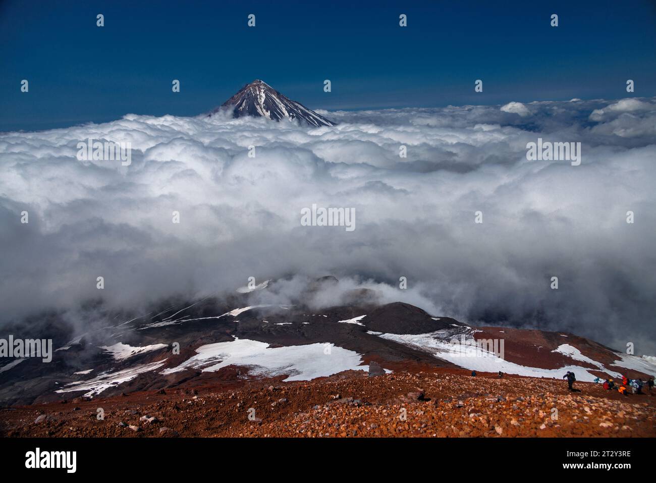 Kamchatka volcanic landscape: view to top of cone of Koryaksky Volcano ...