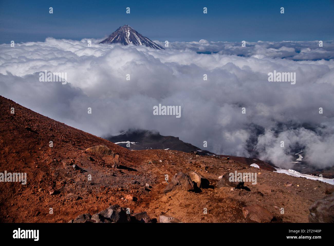 Kamchatka volcanic landscape: view to top of cone of Koryaksky Volcano ...