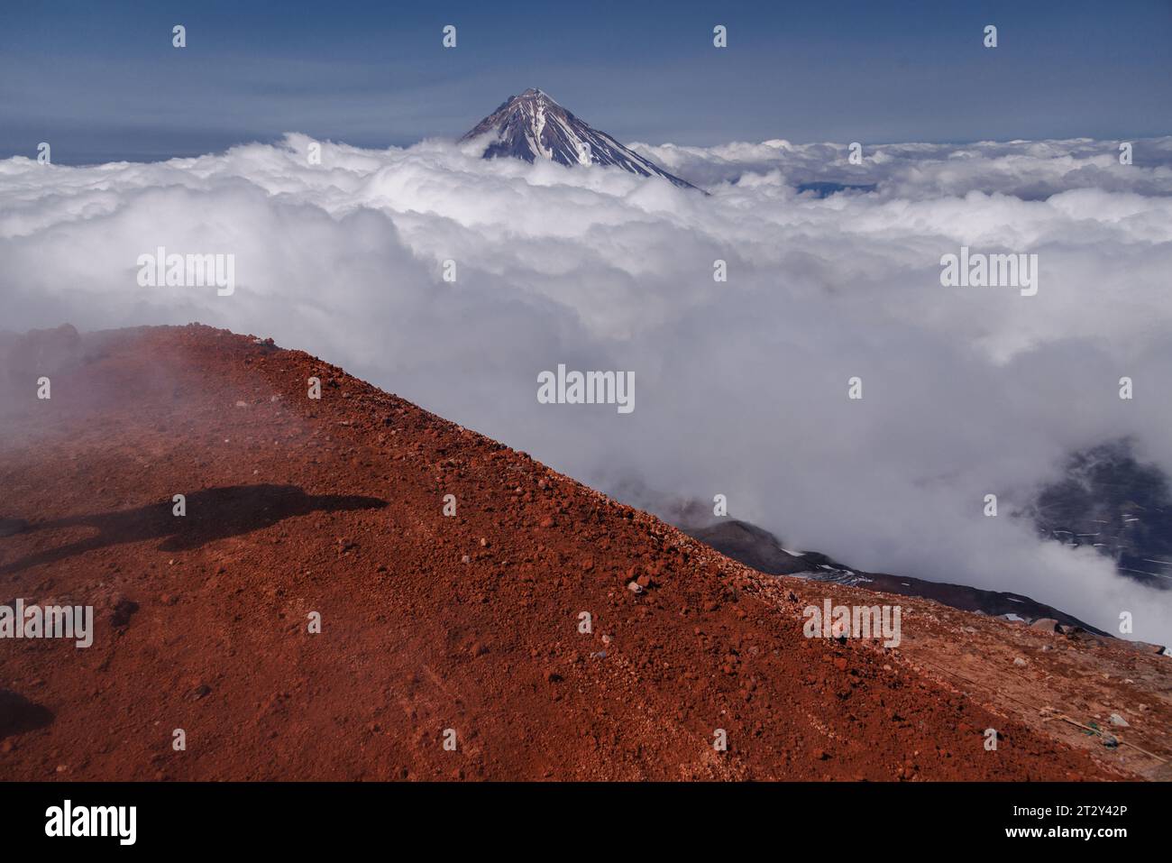 Kamchatka volcanic landscape: view to top of cone of Koryaksky Volcano ...