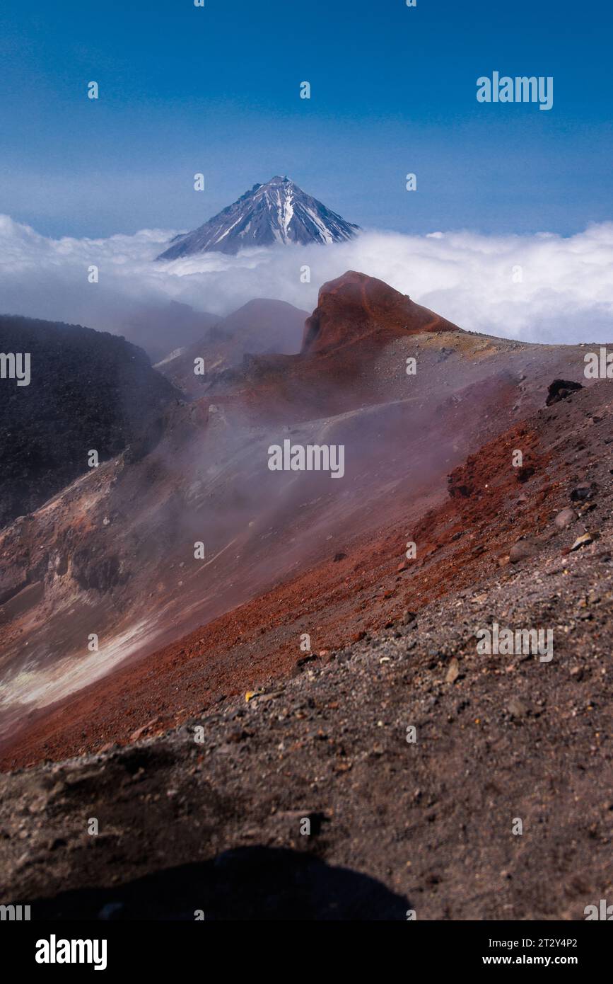 Kamchatka volcanic landscape: view to top of cone of Koryaksky Volcano ...